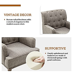 HULALA HOME Set of 2 Modern Accent Chair with Retro Wood Legs, Comfy Upholstered Armchair with Button-Tufted and Nailhead Trim for Living Room Bedroom, Grey