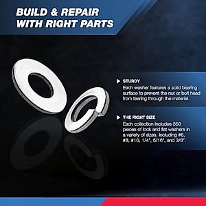 NEIKO 50400A Stainless Steel Lock and Flat Washer Assortment | 350 Piece Set | 12 Different Sizes in Spring Lock and Flat Design | Prevent Loose Fasteners