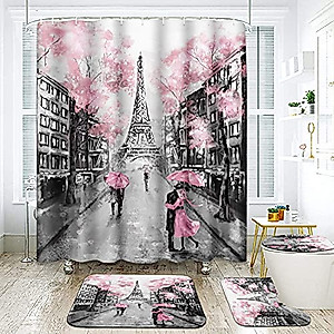 Britimes 4 Piece Shower Curtain Sets, with 12 Hooks, Oil Painting Pink Gray Paris with Non-Slip Rugs, Toilet Lid Cover and Bath Mat, Durable and Waterproof, for Bathroom Decor Set, 72" x 72"
