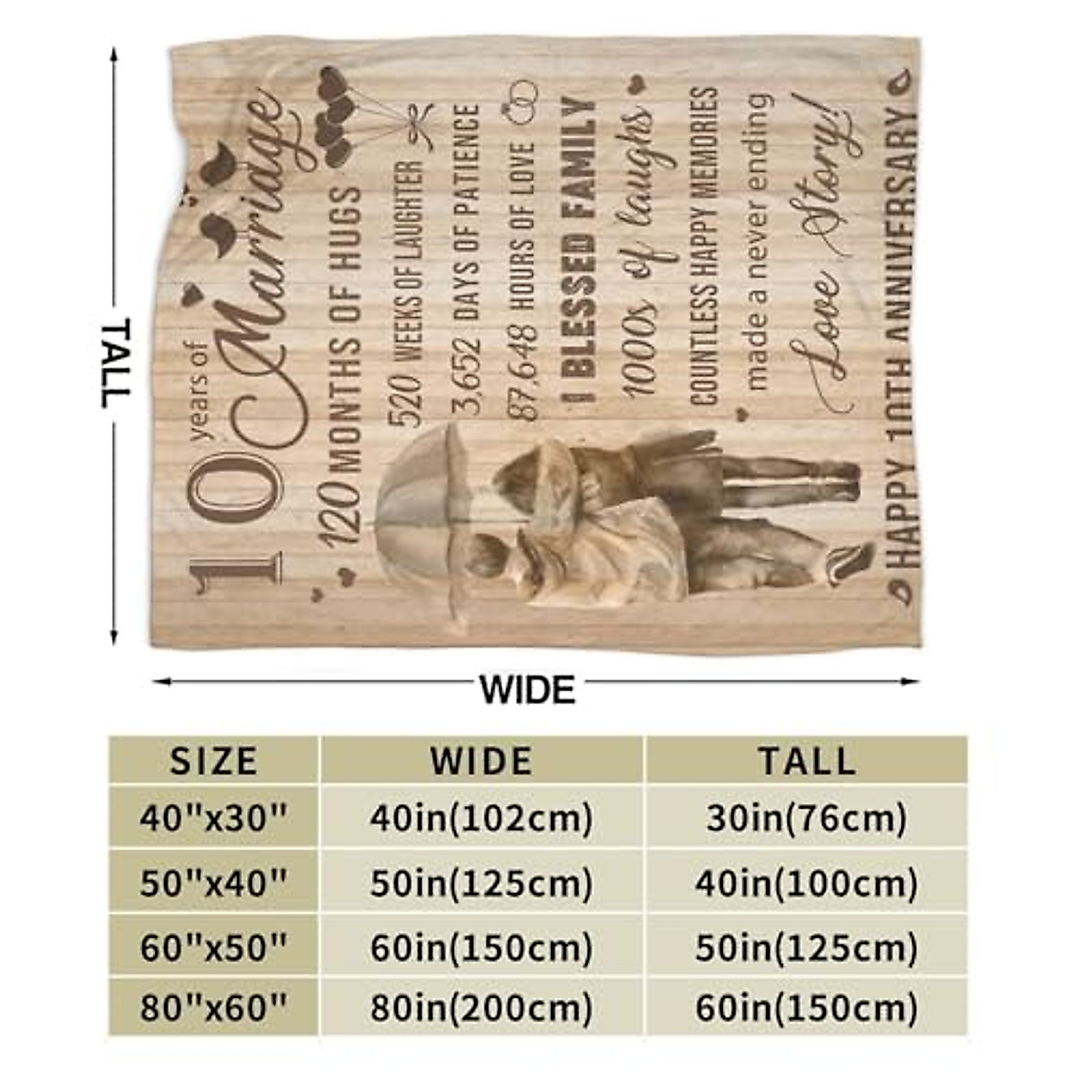 Gwuvioz Happy 10th Wedding Anniversary Blanket Soft Throw Blanket Cozy Blanket & Throws for Couch Bed Living Room Decoration 60"X50"