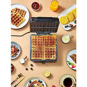 Belgian Waffle Maker 4 Slices, 1200W Waffle Iron, Anti-Overflow Waffle Iron with Browning Knob, Nonstick Plates, Indicator Lights, Silver/Black