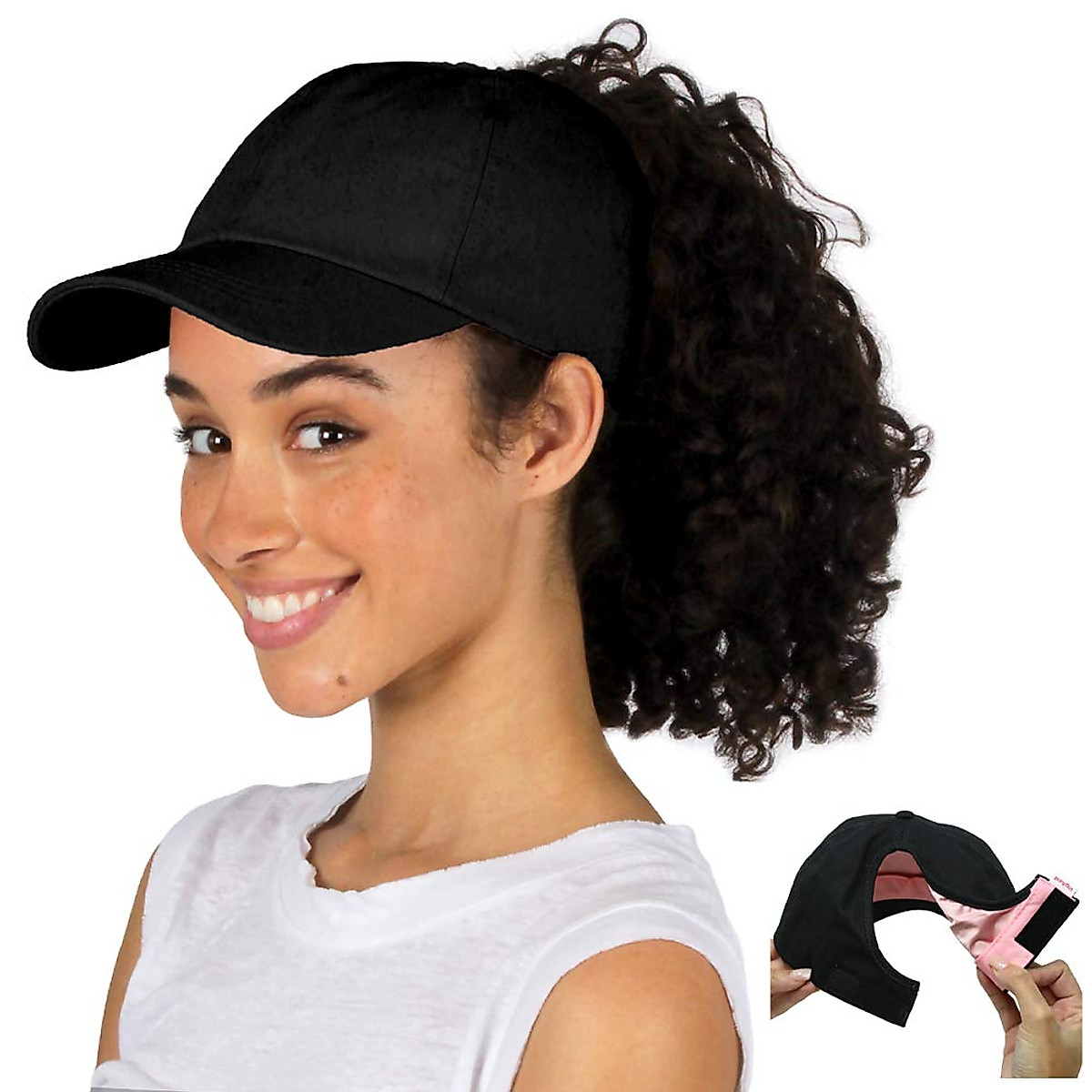 Ponyflo Satin-Lined Ponytail Cap - Designed for Women with Curly Hair, Ponytail Hats for Women, Curly Hair Ponytail Hat, Baseball Cap Women, Hats for Ponytails Black