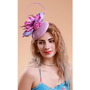 Cizoe Fascinators Hat for Women Kentucky Derby Headpiece Tea Party Hats Feather Wedding Headware Bridal Headpiece(lavender)
