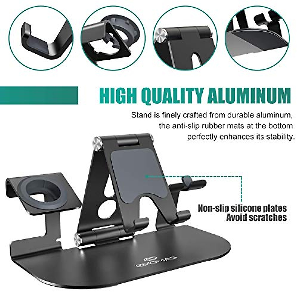 Stand for Apple Watch, [Update Foldable Stand Version] 3 in 1 Adjustable Universal Charger Stand Dock for iPhone 12 Pro Max/11/X/XS/8/ Plus, AirPods, iPad, Kindle and iWatch Series 6/5/4/3/2/1 (Black)