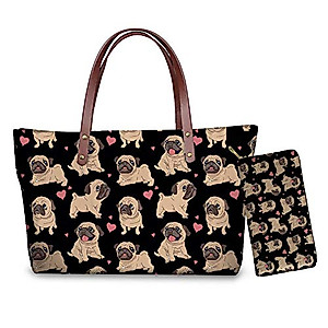 Xhuibop Pug Shopper Handbags for Women Purse and Wallet Set for Teens Girls Leather Wallet Top Handle Shoulder Bags Large Capacity Tote Bag