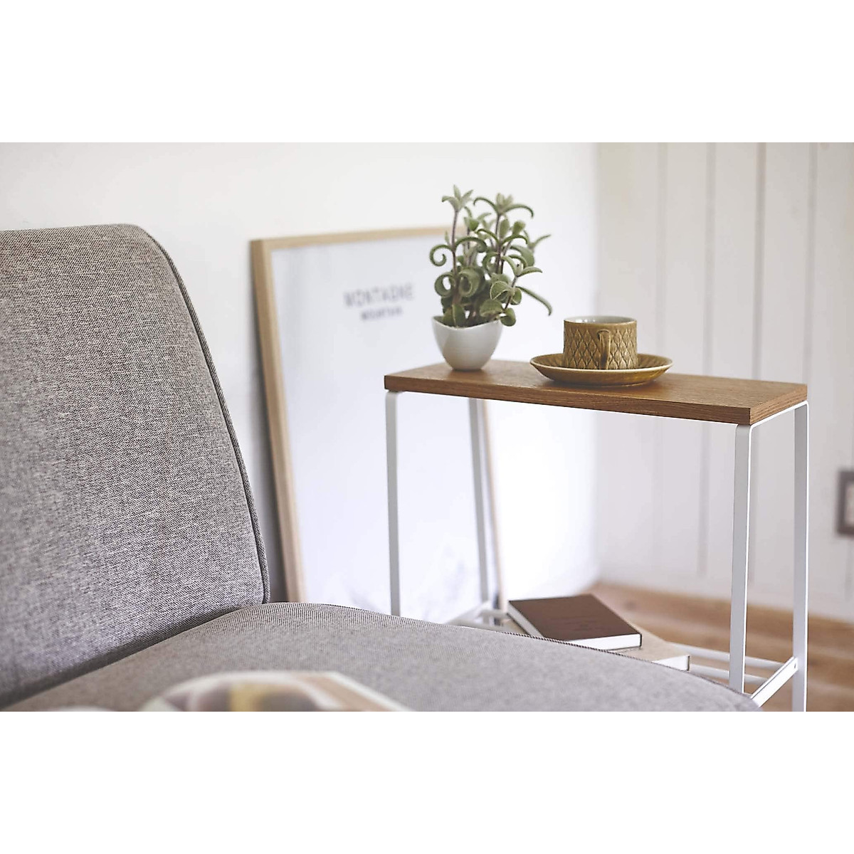 Yamazaki Home Narrow Living Room End Table - Slim Side Storage Shelf Stand Furniture Metal and Wood Modern Skinny Accent Table Steel + WoodWhite