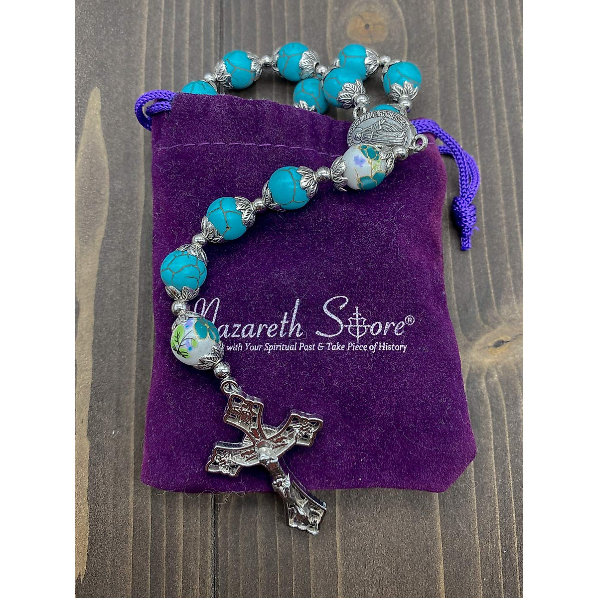 Nazareth Store Catholic Turquoise Marble Beads Rosary Flowers Beaded Necklace Miraculous Medal Cross Crucifix Silver Tone Rosaries in Velvet Bag