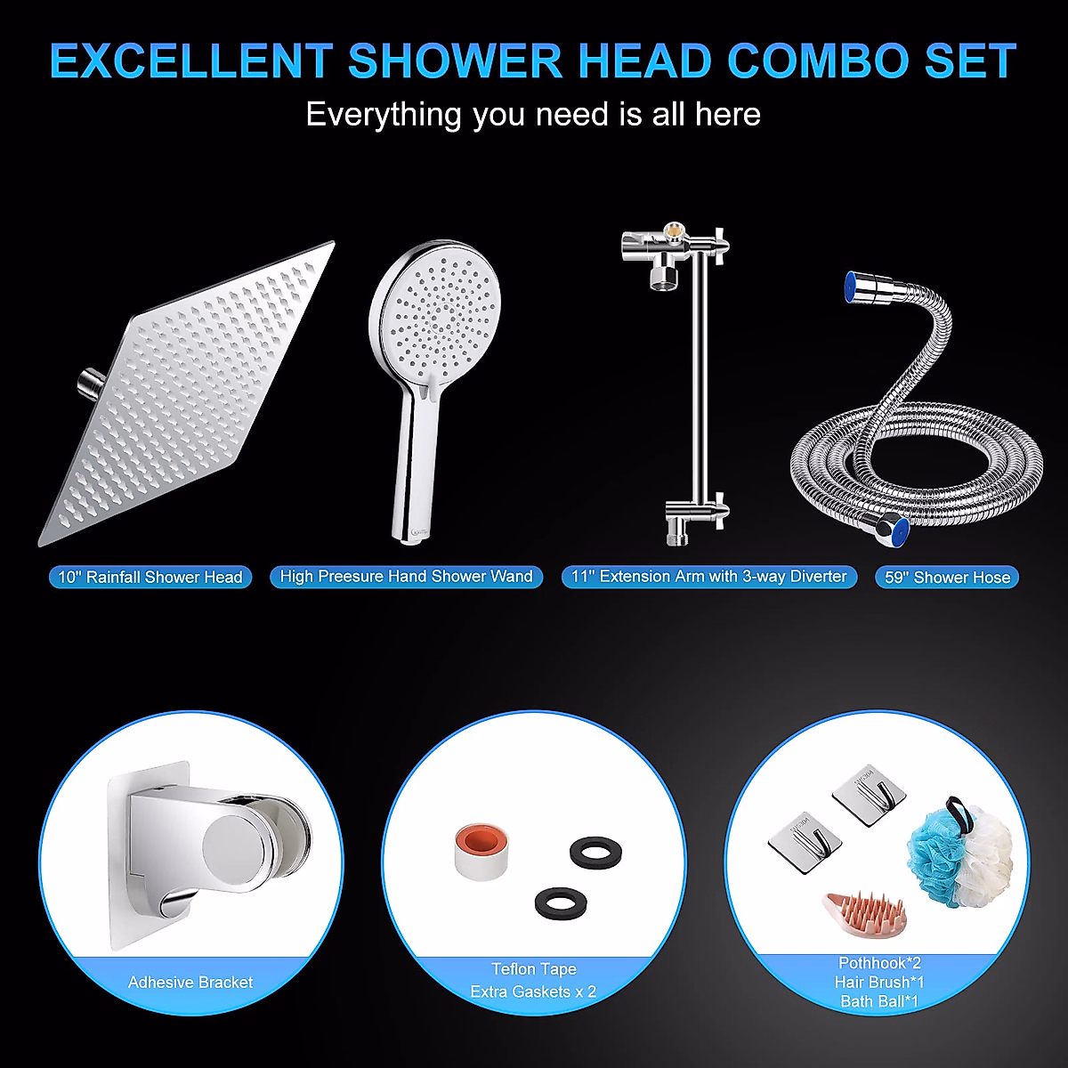 Luxsego 10-Inch Ultra-Thin Stainless Steel Rainfall Showerhead with 3-Way Diverter, Handheld Shower, and Adjustable Extension Arm