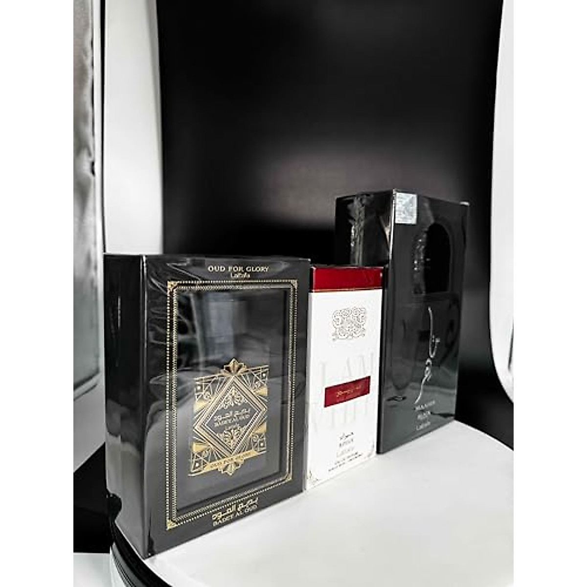 Lattafa Fakhar 3-Piece Set for Unisex, (3.4 Oz Bade'e Al Oud For Glory+ 3.4 Oz Ana Abiyedh Rouge + 3.4 Oz Maahir Black Edition)