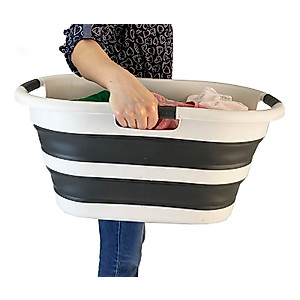 SAMMART 40L (10.5 gallon) Collapsible Plastic Laundry Basket - Foldable Pop Up Storage Container/Organizer - Portable Washing Tub - Space Saving Hamper/Basket (2, Grey/Washed Black)