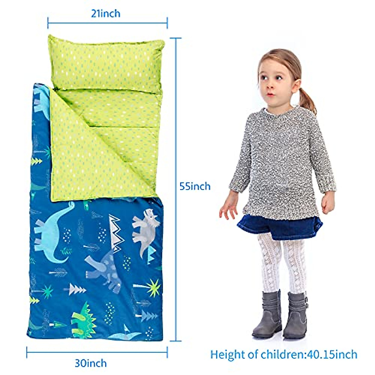 NEDVI Toddler Nap Mat with Carry Bag,Sleeping Bag with Removable Pillow,Measure 55x 21 x 1.5 Inches,Toddler Travel Bed,Lightweight - Cotton Soft,for Preschool, Daycare, Camping-Dinosaur