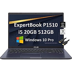 ASUS ExpertBook P1 P1510 15.6" FHD (Intel 4-Core i5-1035G1, 20GB RAM, 512GB PCIe SSD, Full HD IPS) Business Laptop, Backlit Keyboard, Fingerprint Reader, Type-C, Win 10 Pro/Win 11 Pro - 2022