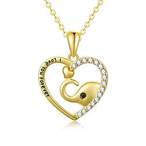 SISGEM 14K Yellow Gold Elephant Heart Necklace for Women,Real Gold Lucky Elephant Necklaces with 5A Cubic Zirconia,Love Jewelry Valentine's Day Gifts for Mother/Wife,16''+2''