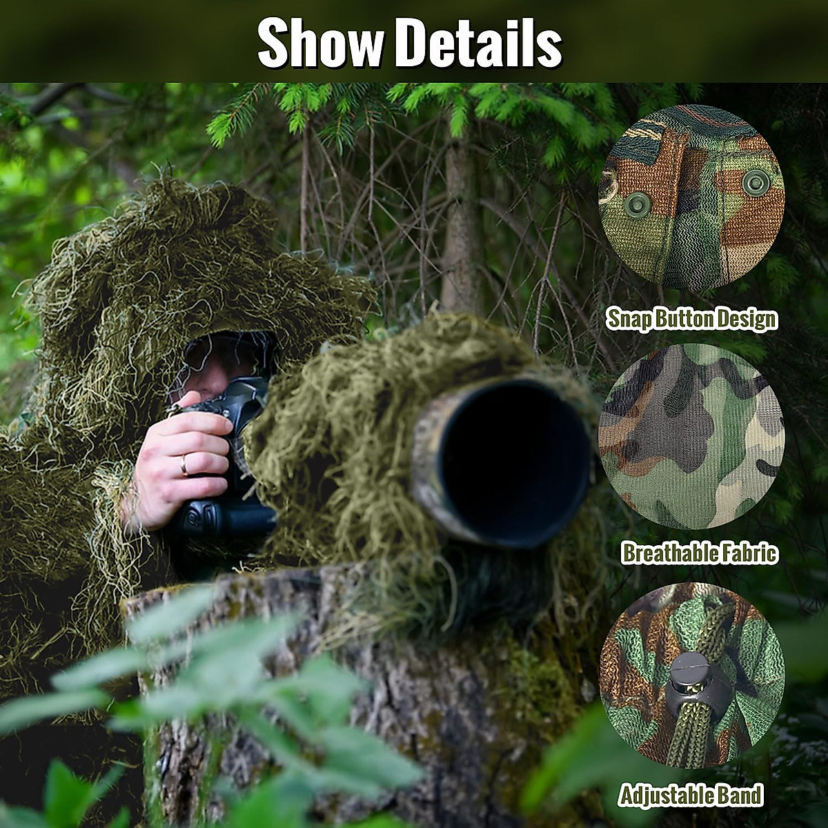 Slendor 6 in 1 Ghillie Suit, 3D Camouflage Hunting Apparel Camo Hunting Clothes, Bushman Costume Suitable for Men, Hunters