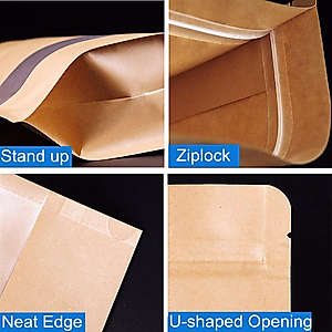 oUUoNNo 50 Pcs 7"X10" Stand Up Kraft Paper Bag, Reusable Zip Lock Sealing With Notch Matte Transparent Window Bags, All Purpose Storing Food Storage, Ideal for Coffee Beans, Nuts, Biscuits DIY