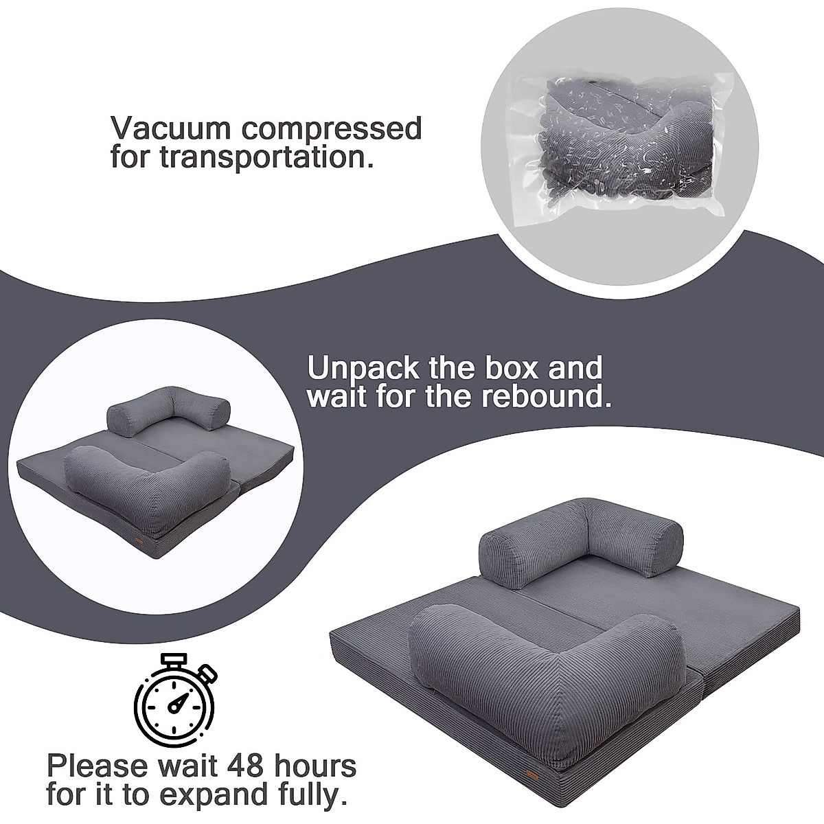 COMAX Folding Sofa Bed, Convertible Sofa Queen Floor Couch with L-Shaped Armrests, Foldable Futon Chair Bed Sleeper Mattress Fold Out Comfy Lounge for Living Room Bedroom, Dark Grey