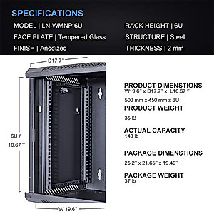 KENUCO [Fully Assembled] Deluxe IT Wall Mount Cabinet | Server Rack | Data Network Enclosure 19-Inch Server Network Rack with Locking Tempered Glass Door (Black 6U)