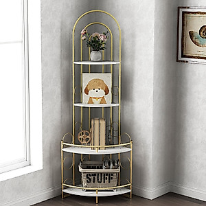 Arched Bookshelf，4 Tier Corner Shelf Stand,Open Bookshelf,Gold Bookcase for Living Room,Home Office, Study, Bedroom,Bathroom Modern Style(White + Gold)