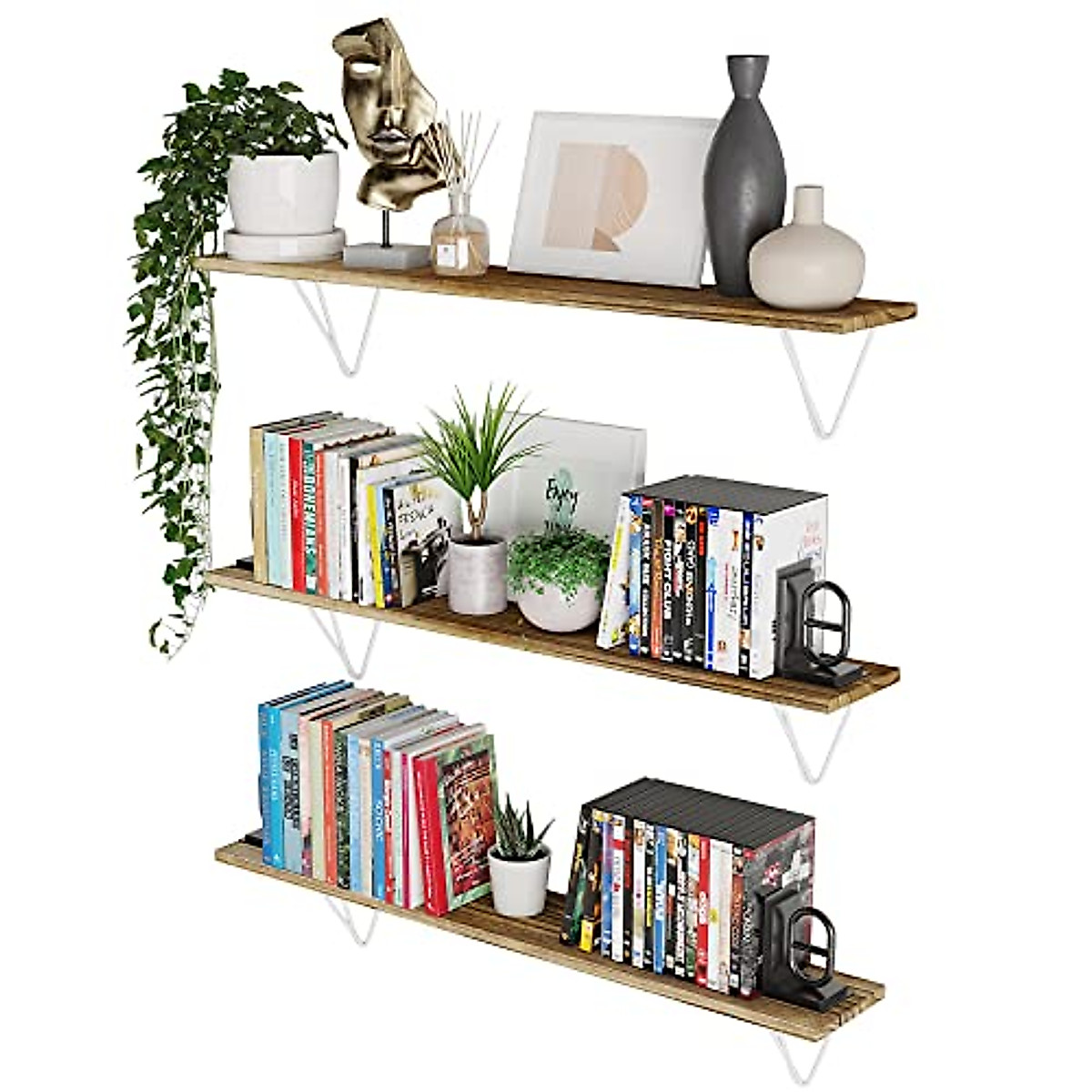 Wallniture Colmar 36"x6" Wood Floating Bookshelves for Wall Storage, Long Wall Shelves for Living Room, Bathroom, Kitchen Pantry, Bedroom, Burned Finish Wall Shelf Set of 3