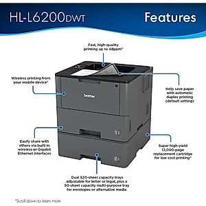 Brother HL-L6200DWT Wireless Monochrome Laser Printer with Duplex Printing and Dual Paper Trays (Amazon Dash Replenishment Ready)