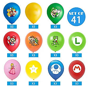 Mario Birthday Party Supplies,41Pcs Mario Balloons,12 inch Mario Latex Balloon for Kids Mario Birthday Decorations, MBros Themed Birthday Balloons for Kids Boys Girls Mario Party Favors