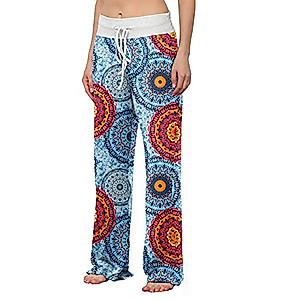 LONGYUAN Women High Waisted Cotton Pajama Pants Drawstring Palazzo Lounge Wide Leg All Season 3X-Large Fl Mix Blue