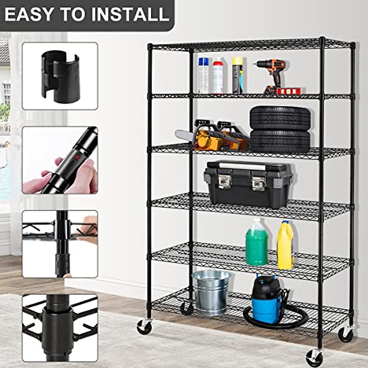 Dlewmsyic 6 Tier Storage Shelves, 5999 Lbs Capacity Metal Shelf with Wheels Height Adjustable NSF Certification 48" L×18" W×72" H Heavy Duty Wire Shelving Units for Garage Pantry Kitchen Rack, Black