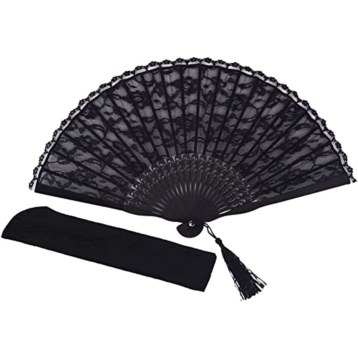 Womens Multi Color Handmade Cotton Lace Folding Hand Fan (Black-A) (Black)