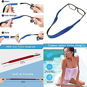 6 Pack Neoprene Glasses Straps Floating Sunglasses Eyeglass Strap Anti Slip Sports Safety Eyewear Retainer Holder for Adults Summer Water Sports Fishing Biking Hiking Rock Climbing Outdoor Adventures