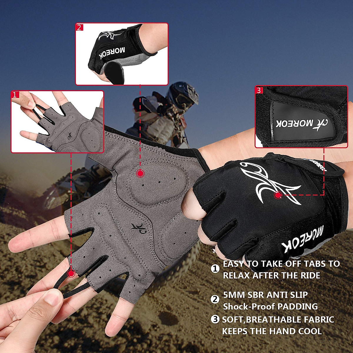 MOREOK Mens Cycling Gloves,Half Finger Biking Glove MTB DH Road Bicycle Gloves Gel Pad Shock-Absorbing Anti-Slip Breathable Motorcycle Mountain Bike Gloves Black-S