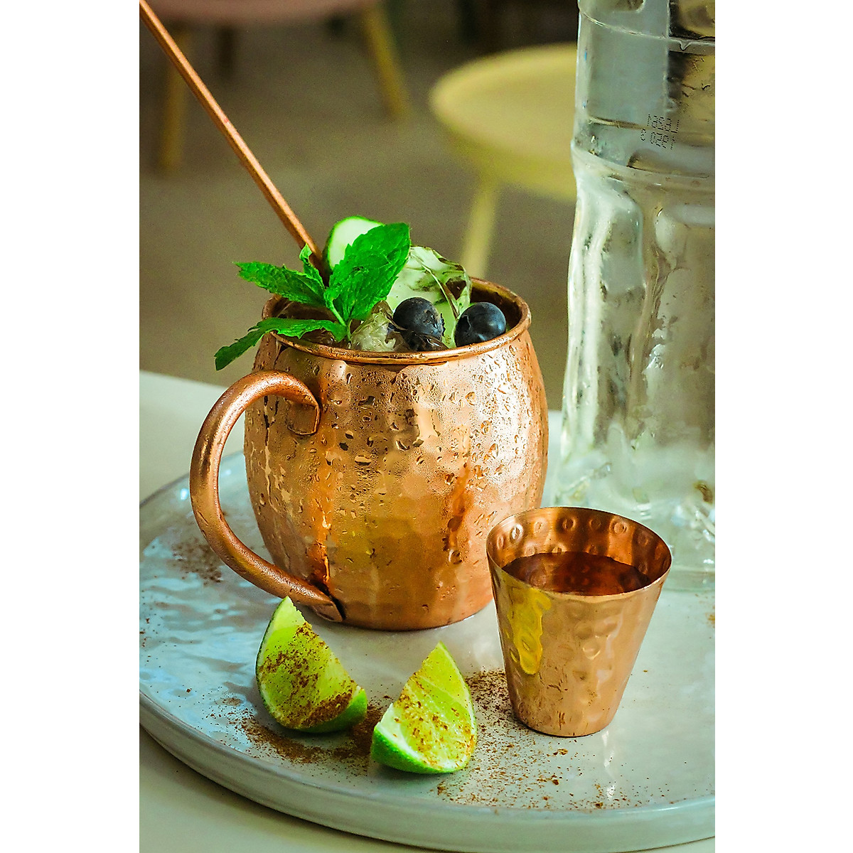 Moscow Mule Copper Mugs Set - 4 Authentic Handcrafted Copper Mugs (16 oz.) with 2 oz. Shot Glass, 4 Straws, 4 Solid Wood Coasters and Recipe Book - Gift Box Included