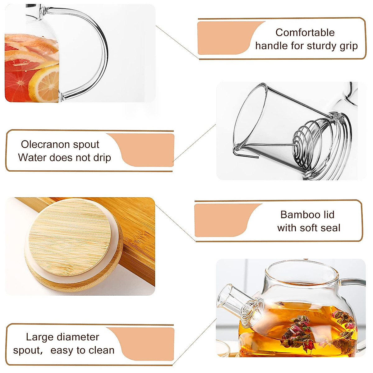 Glass Pitcher with Bamboo Lid, Glass Teapot Stovetop & Microwave Safe, Glass Borosilicate Teapot with Removable Filter Spout, 34oz/1000ml, Teapot for Loose Leaf and Blooming Tea and Fruit Tea