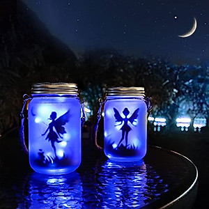 Alritz 2 Pack Solar Lantern Fairy Lights, Garden Ornament Lights - Outdoor Hanging Frosted Glass Mason Jar Lights for Tree, Table, Yard, Garden, Patio, Lawn (Blue)
