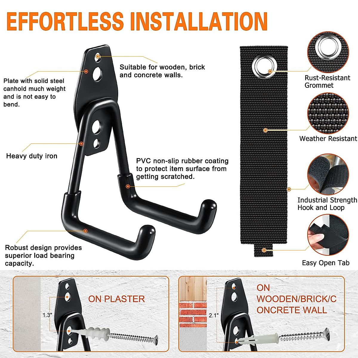 HUPBIPY Garage Hooks 4 Pack, 7.7 inch Long Hooks, with 2 Extension Cord Holder Organizer, Heavy Duty Garage Hanger, Ladder Hooks for Garage Wall