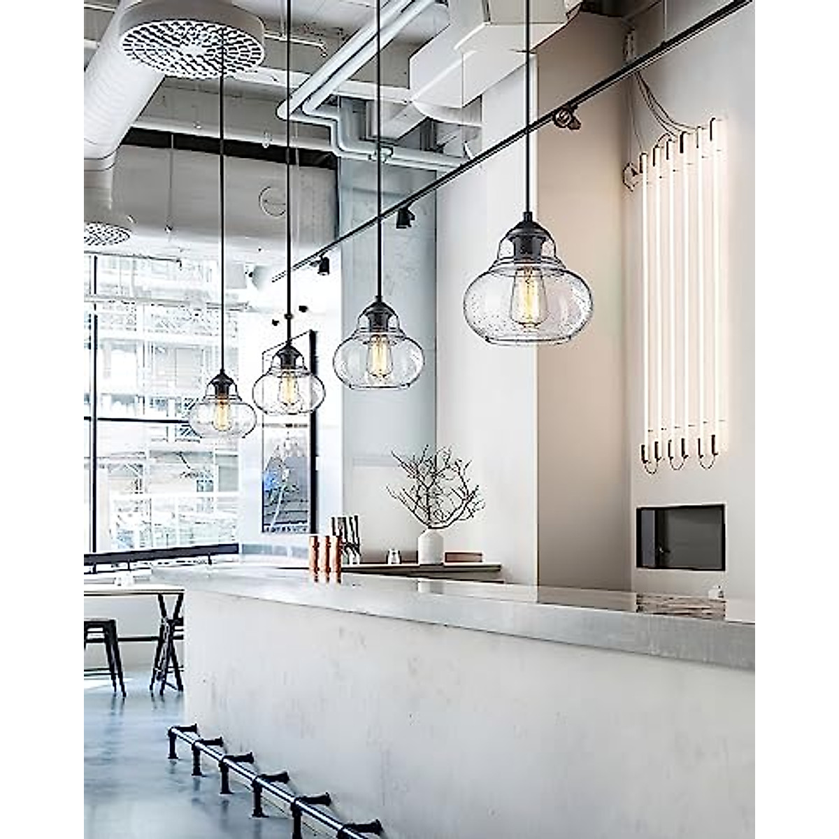 ELYONA Industrial Pendant Light Bubble Glass Kitchen Island Hanging Pendant Light Fxiture Modern Hand Blown Seeded Glass for Farmhouse Dining Room Bar Bedroom Living Room 8 inch Diam Black