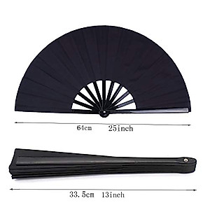 HONSHEN 2 Pack Large Folding Hand Fan, Black Chinese Kung Fu Tai Chi Fan Nylon-Cloth Fan For Men And Women Performance, Dance, Decorations, Festival, Gift (Folding fan black 2p)