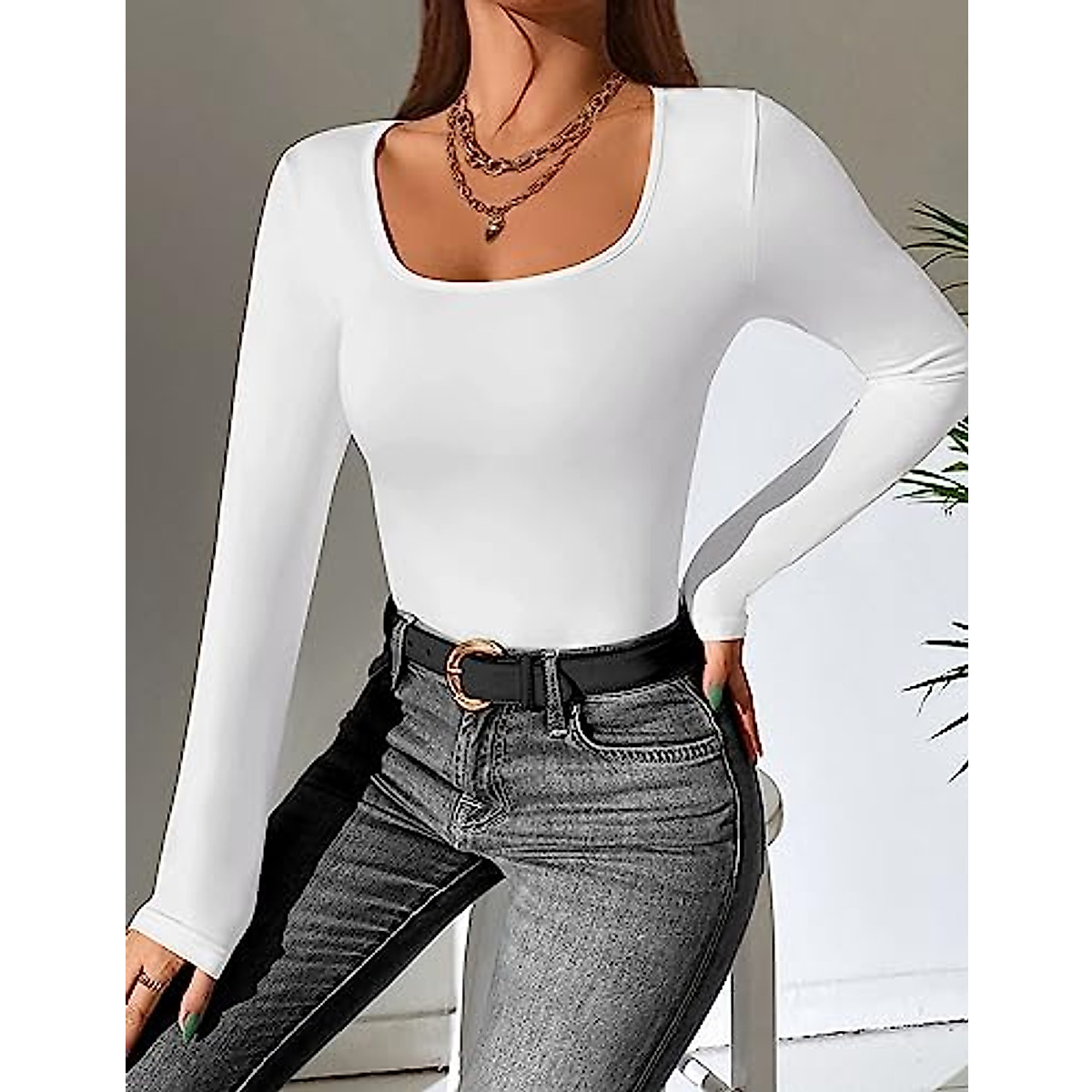 Ekouaer Long Sleeve Fitted Shirt Womens Scoop Neck Tight Tops Slim Fit Long Sleeve Undershirts Basic Shirts Thermal Tee Black,White M