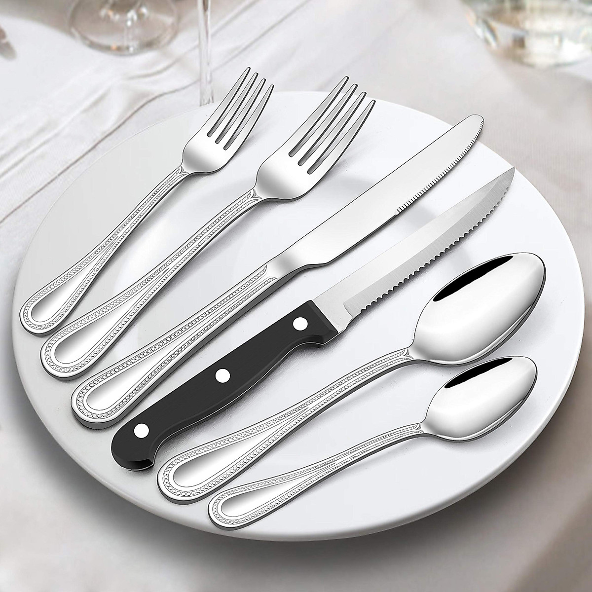 Homikit 77-Piece Silverware Set with Steak Knives and Serving Utensils, Stainless Steel Flatware Cutlery Set for 12, Modern Eating Utensil Tableware Sets with Pearled Edge, Include Knife Spoon Fork