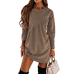 PRETTYGARDEN Women's Long Sleeve Mini Tunic Dress Casual Crewneck Loose Flowy Shift Ruched Dresses (Khaki,Medium)