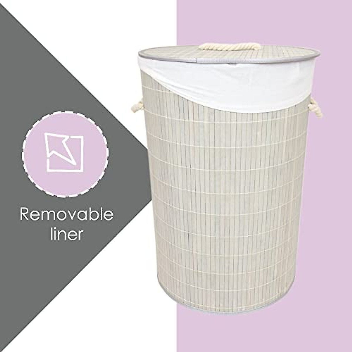 Home Basics Foldable Durable Bamboo Laundry Basket Hamper (Round, Grey)