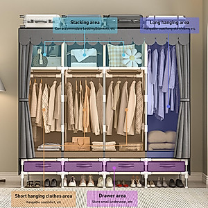 LEAIJIAFY Large Portable Armoire Wardrobe Closet with 4 Hanging Rods and Drawers,Gray Metal Storage Wardrobe Clothes Rack with Dust Cover for Hanging Clothes,67.7 in Width,Bedroom