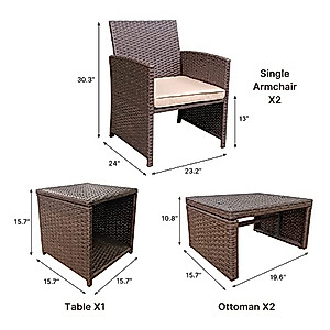 OC Orange-Casual 5 Pcs Patio Conversation Set Balcony Furniture Set with Beige Cushions, Brown Wicker Chair with Ottoman, Storage Table for Backyard, Garden, Porch