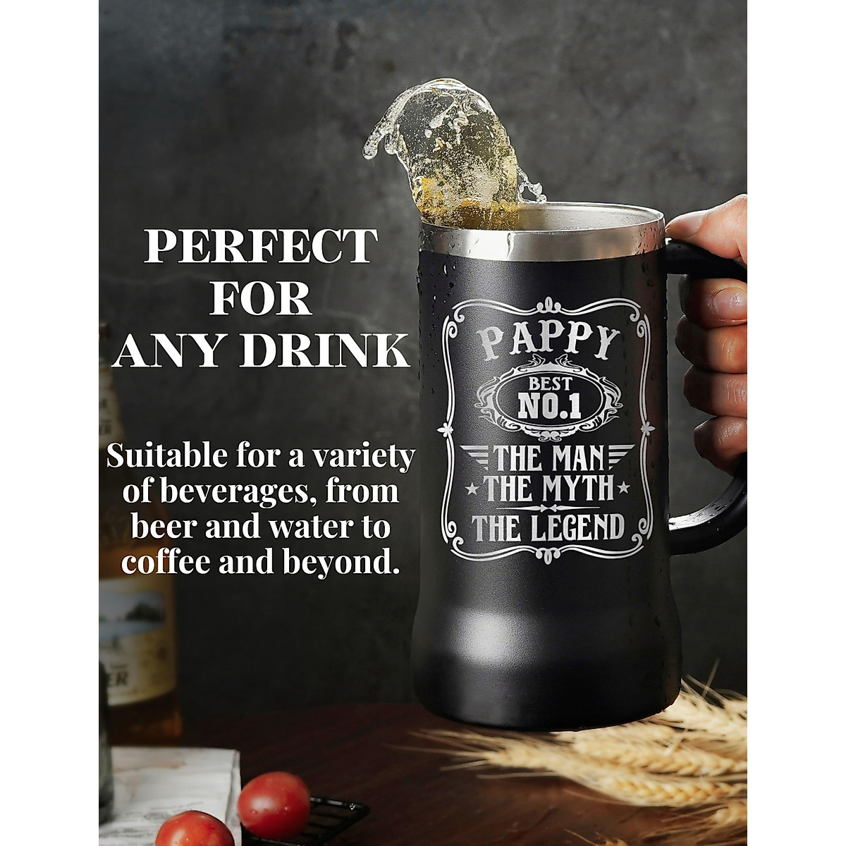 Onebttl Pappy Gifts Stainless Steel Beer Stein Tumbler, 24oz Beer Mug with Lid for Father's Day, Christmas - Man Myth Legend