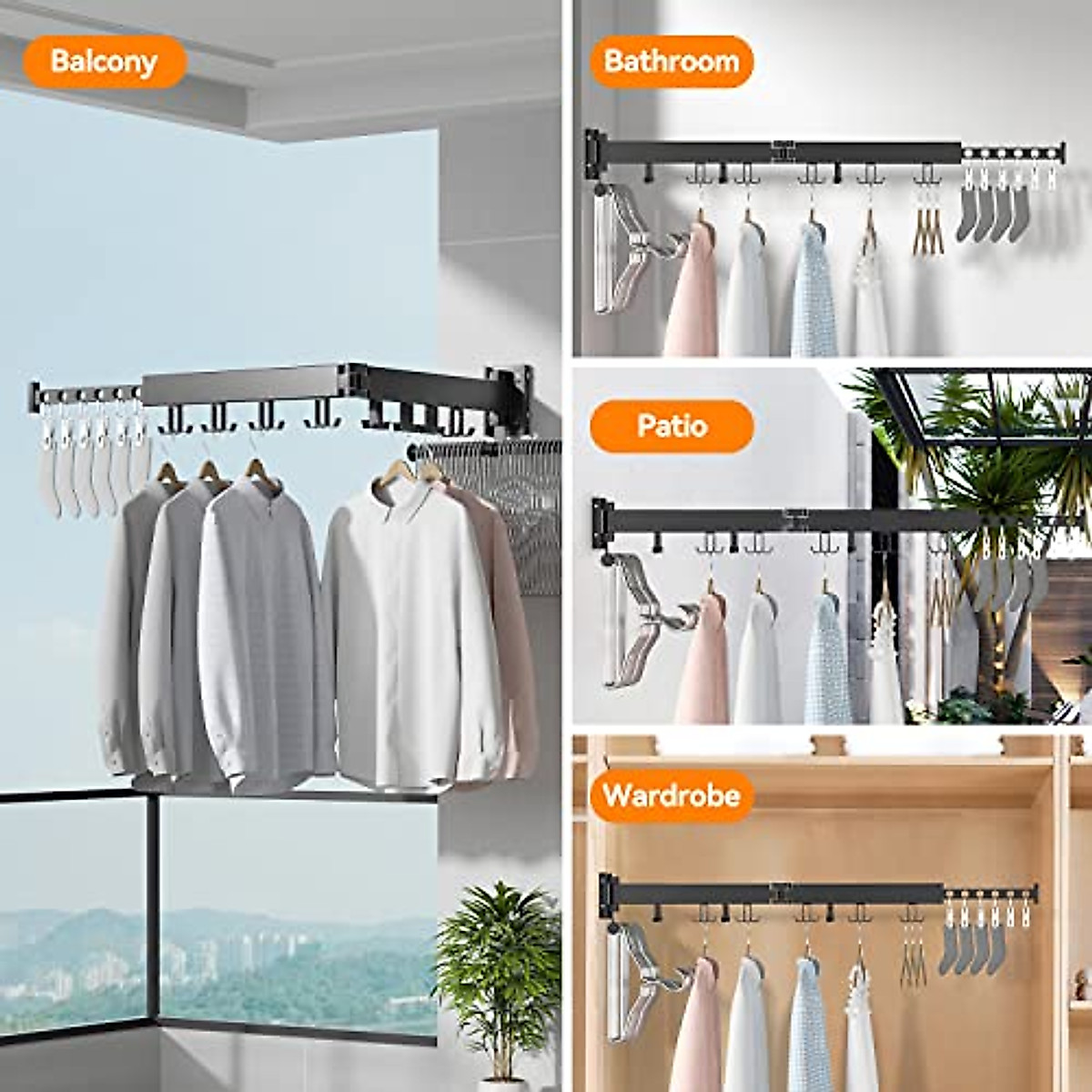 BAICIWE Wall Mounted Clothes Drying Rack, Retractable Laundry Drying Rack, Clothes Drying Rack Folding Indoor, Space Saver, Drying Rack Clothing for Balcony, Laundry, Bathroom, Patio(Bi-Fold)