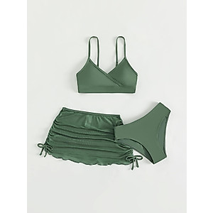 COZYEASE Girls' 3 Piece Plain Swimsuit Wrap Bikini with Ruched Cover Up Skirt Set Olive Green 9Y