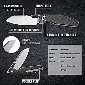 CJRB CUTLERY Pocket Knife Ekko(1929) Folding Knife for Men AR-RPM9 Steel Blade and Black Carbon Fiber Handle for Work Outdoor Hinking Camping