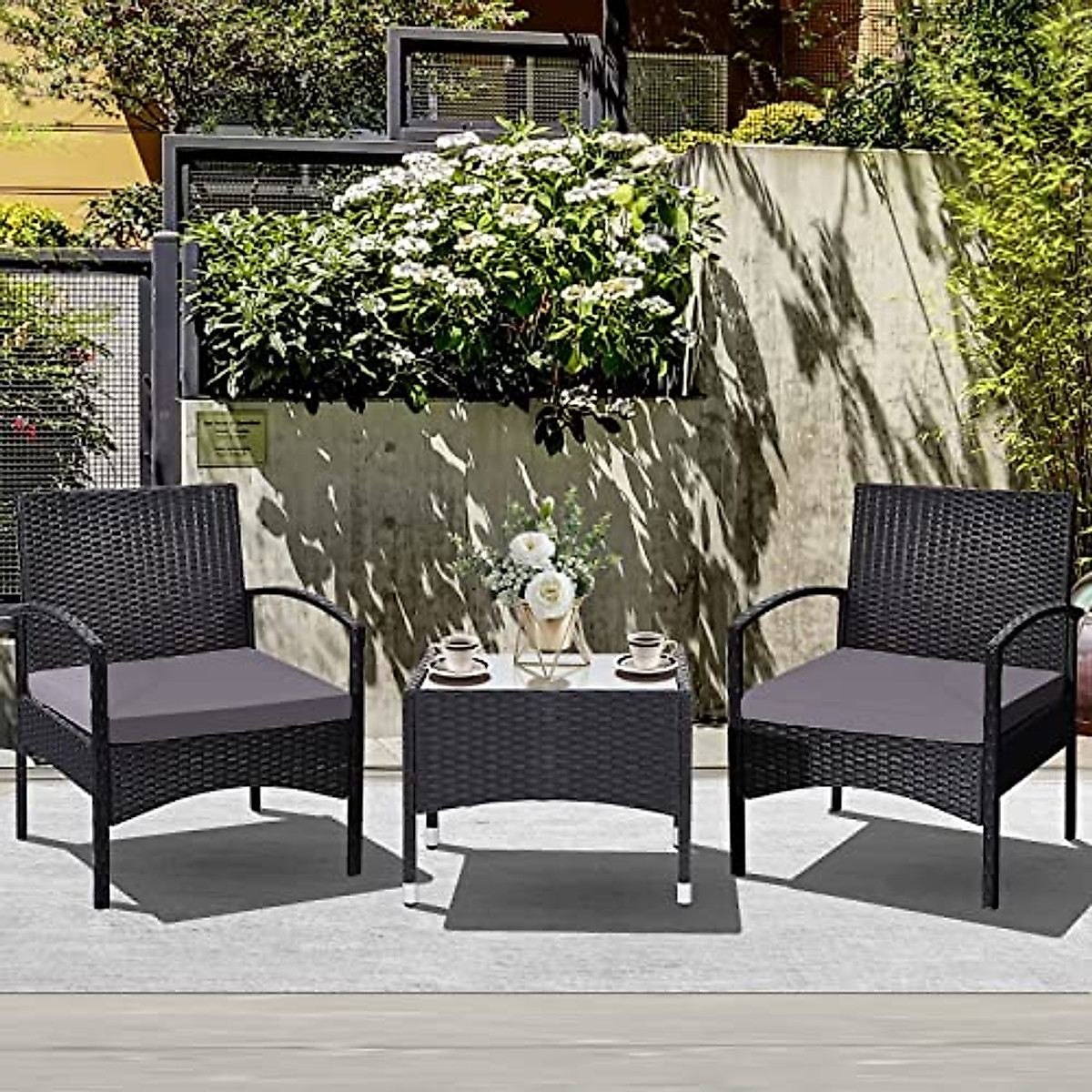 RELAX4LIFE 3-Piece Patio Furniture Set - Rattan Conversation Set, Wicker Bistro Set W/ 2 Chairs, Glass Table, Steel Frame, Outdoor Chairs Set for Backyard, Balcony, Front Porch Furniture(Gray)