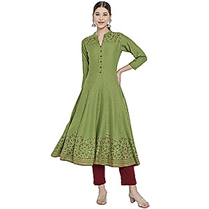 Yash Gallery Women's Rayon Floral Print Anarkali Kurta (Green)