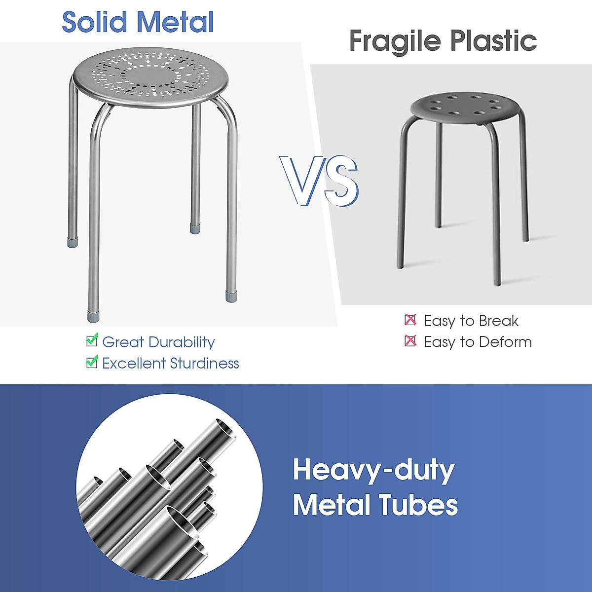 LDAILY Multipurpose Stool Chairs, Small Stool Sets, Metal Stool with Dome, Stackable Backless Kitchen Stool Indoor Outdoor, Furniture Stools, Suitable for Garden, Living Room, Home, Gray (6-Pack)