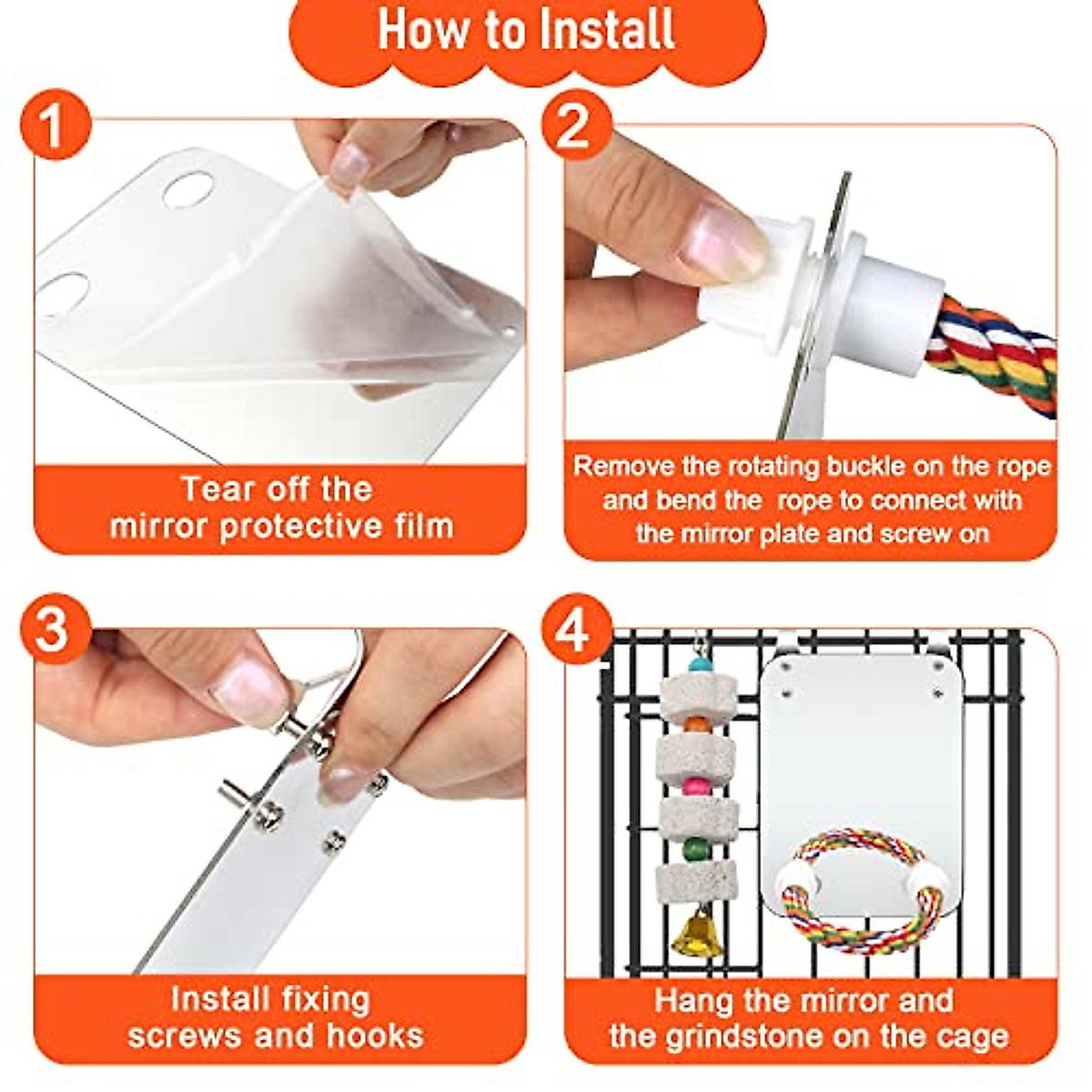 Catcan Bird Cage Mirror, Bird Mirror with Perch Rope for Cage Cockatiels Cotton Rope Standing Bar Parrot Mirror with Parrot Molar Toy Pendant